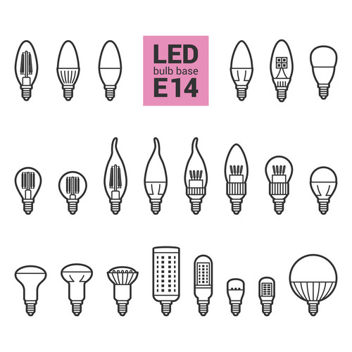 Led Light Bulbs With E14 Base, Vector Outline Icon Set On White ...