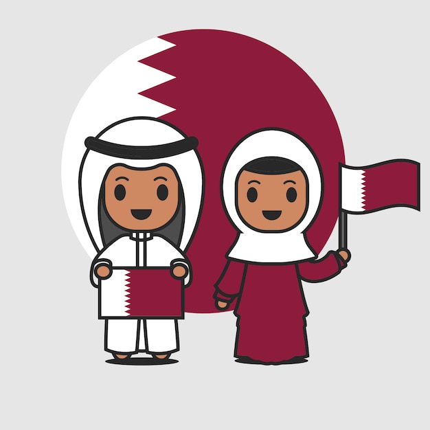 Cheerful Qatari Figures Holding National Flag | Jiffy Designs