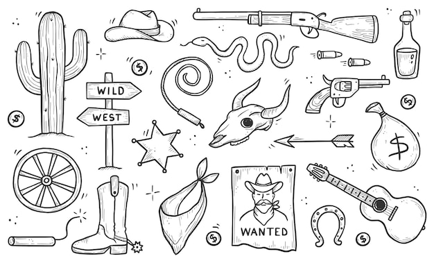 Iconic Wild West Symbols and Artifacts in Charming Sketch Style | Jiffy ...