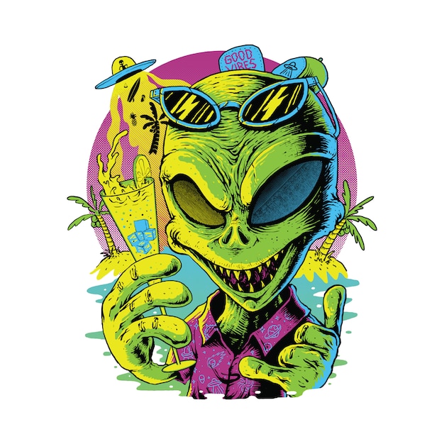 Vibrant Alien Tourist Enjoying Tropical Paradise | Jiffy Designs