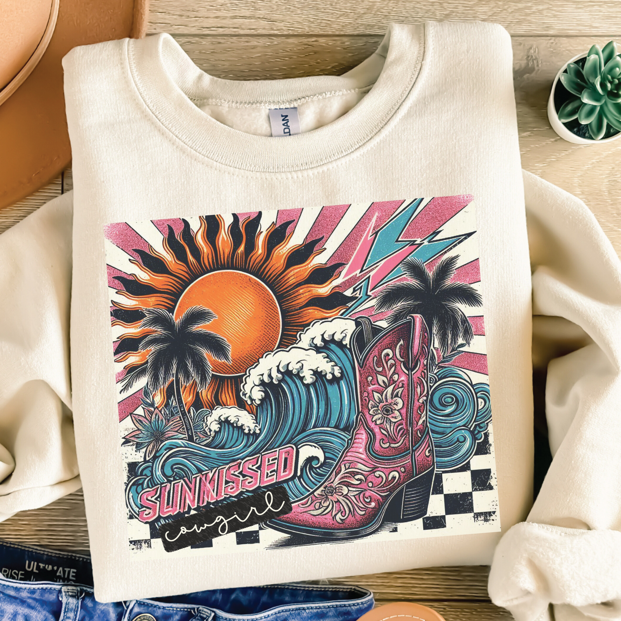 'Sunkissed' Vibrant Retro Beach Scene with Cowboy Boot and Tropical ...