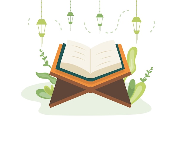 Open Quran book with hanging lanterns and foliage | Jiffy Designs