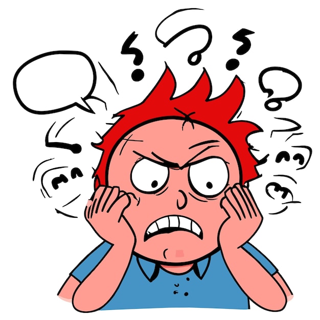 Perplexed Man with Fiery Hair Surrounded by Question Marks | Jiffy Designs