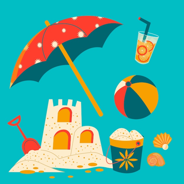 Vibrant Summer Beach Scene with Umbrella and Sandcastle | Jiffy Designs