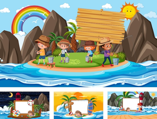 Vibrant Tropical Island Adventure with Diverse Cartoon Characters ...