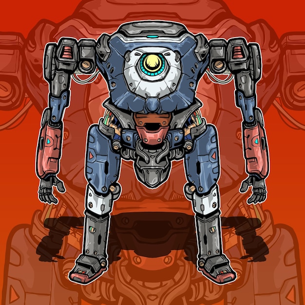 Mighty Mechanical Cyborg Guardian Stands Vigilant on Fiery Terrain | Jiffy Designs