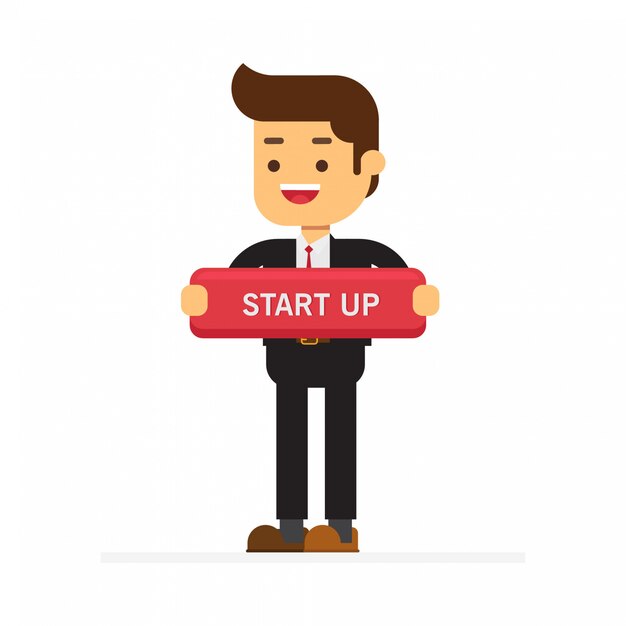 Smiling Businessman Holding 'Start Up' Sign in Flat Design | Jiffy Designs