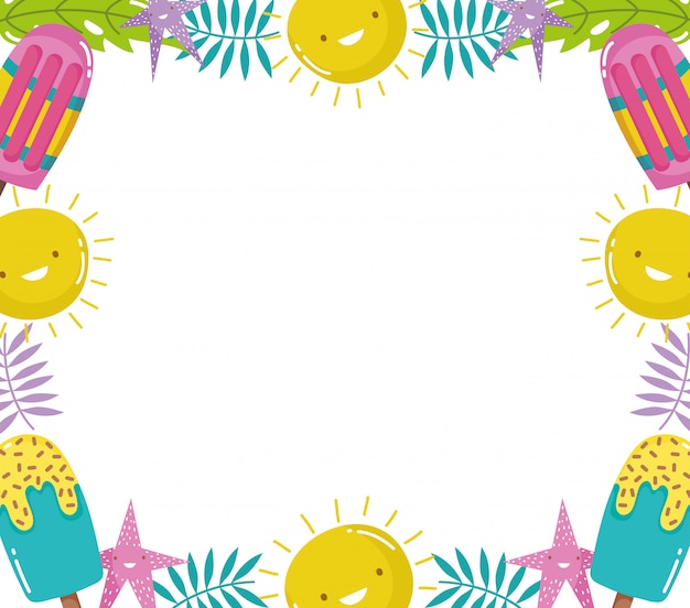Vibrant Summer Fun Frame with Suns, Popsicles, and Tropical Leaves ...
