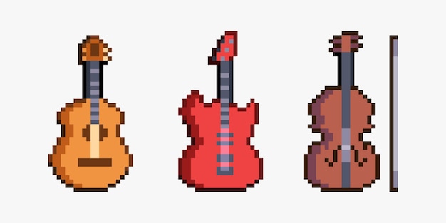 Vibrant Pixel-Art Musical Instruments: Guitar, Electric Guitar, and ...