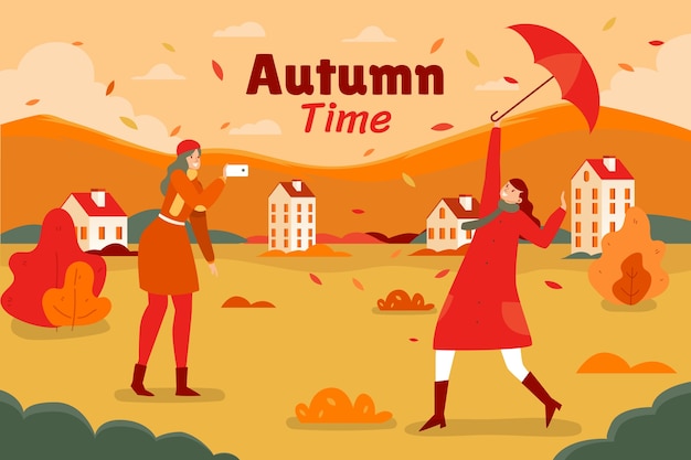 Vibrant Autumn Scene with Cozy Homes and Umbrella-Wielding Figures ...