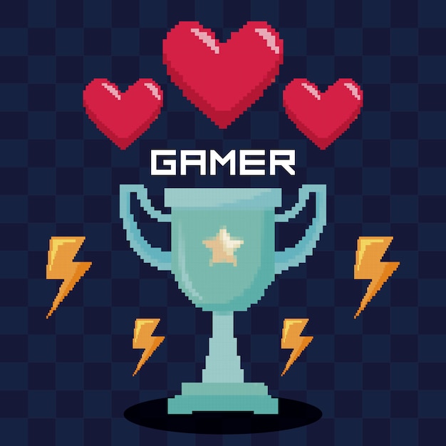 Pixel Art Gamer Trophy with Hearts and Bolts | Jiffy Designs
