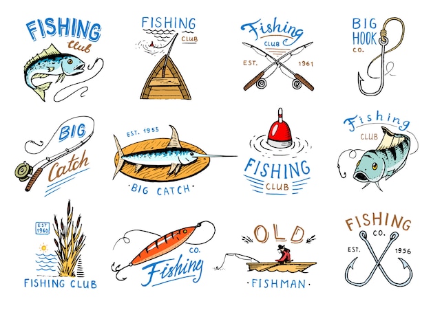 Diverse Collection of Vibrant Fishing Iconography and Textual Elements ...