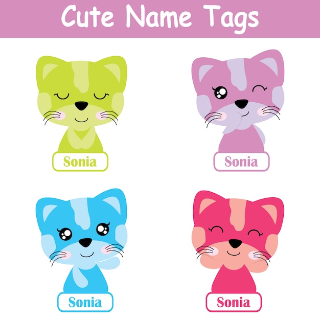 Adorable Cartoon Cat Name Tags with Cheerful Expressions | Jiffy Designs