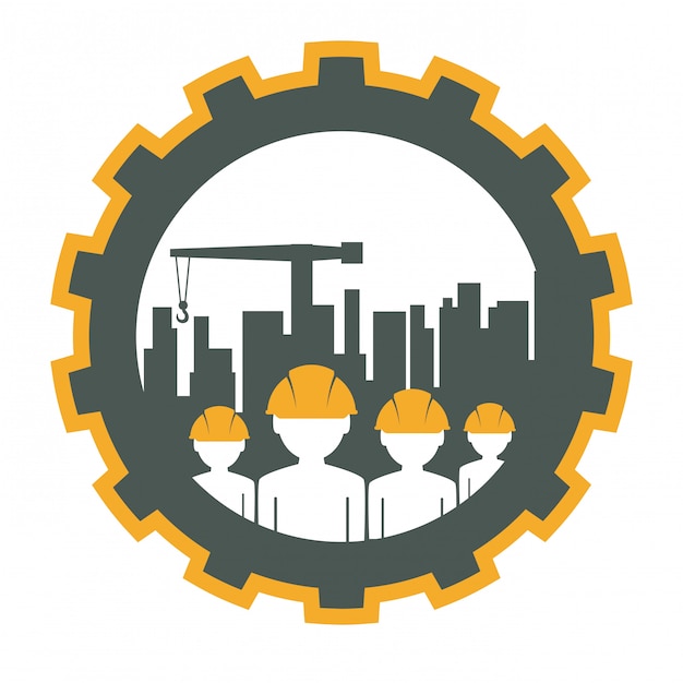 Construction Workers Silhouettes in Industrial Gear Emblem Design ...