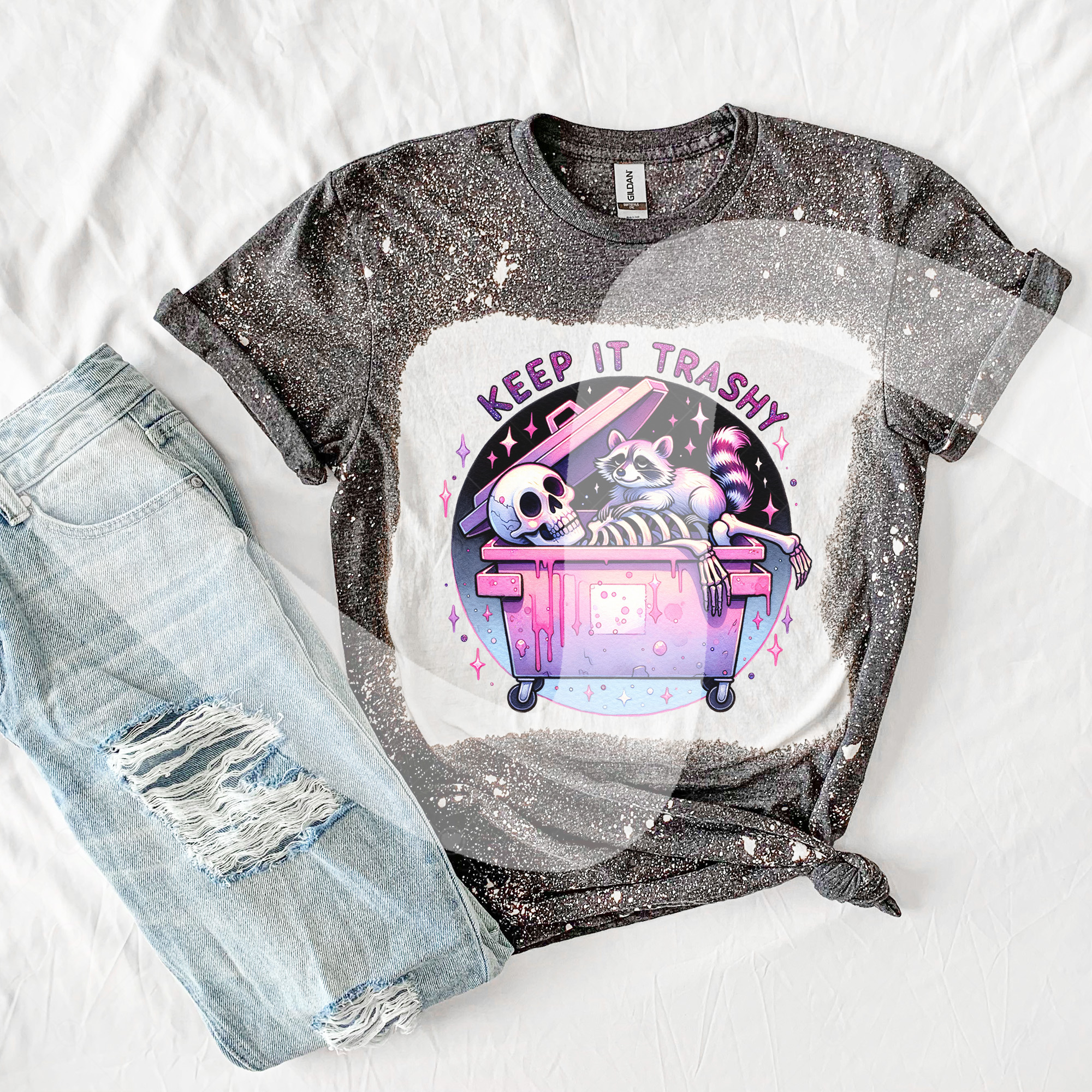 'Keep It Trashy' Whimsical Raccoon and Skull in Neon-Lit Dumpster ...