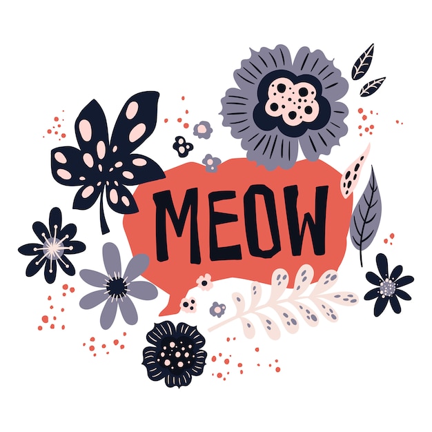 Whimsical Cat-Themed Floral Design with 'Meow' Typography | Jiffy Designs