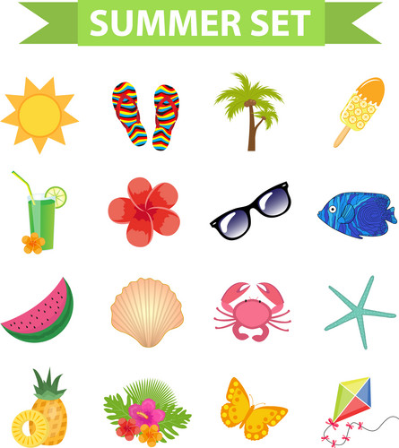 Hello Summer Icon Set, Flat, Cartoon Style. Beach, Vacation Collection Of Design Elements ...