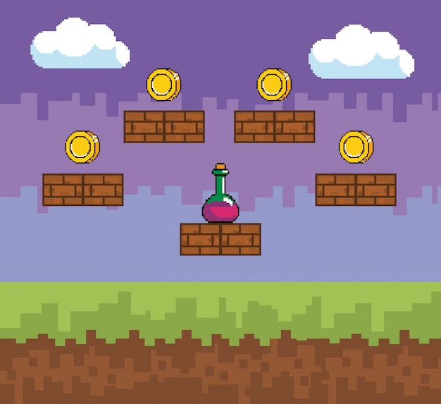 Retro Platformer Scene with Coins and Potion | Jiffy Designs
