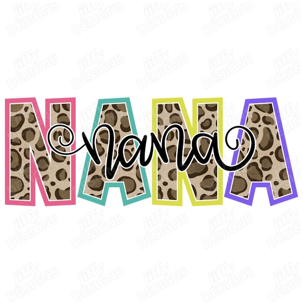 'Nana' Leopard Print Letters with Colorful Outlines and Cursive Script ...