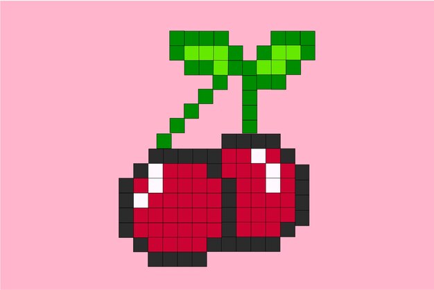 Pixelated Red Cherries with Green Stems on Pink Background | Jiffy Designs