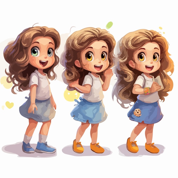 Charming Trio of Animated Girls with Lively Curls | Jiffy Designs