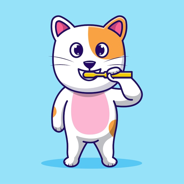 Cute Cartoon Cat Brushing Teeth with Toothbrush | Jiffy Designs
