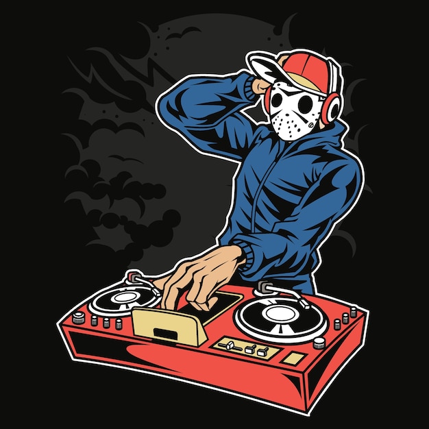 Skeleton DJ Spinning Vinyl on Retro Turntable at Night | Jiffy Designs