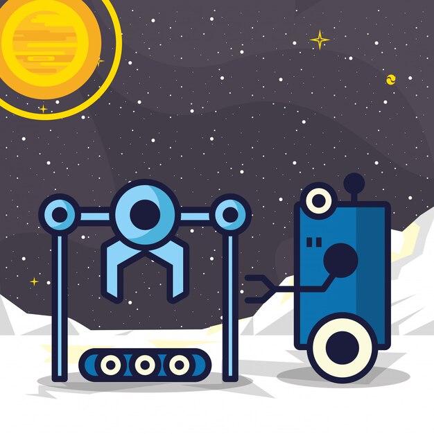 Whimsical Cosmic Robots Exploring the Starry Night Sky | Jiffy Designs