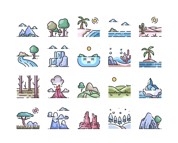 Vibrant Nature Landscape Icons: Diverse Outdoor Scenes and Elements ...