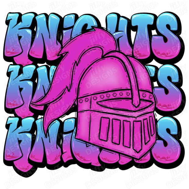 'Knights' Vibrant Graffiti Style Text with Neon Pink Medieval Helmet ...