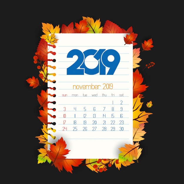 2019 Calendar with Vibrant Autumn Leaves Border Illustration | Jiffy ...