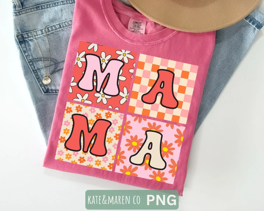 'Mama' Vibrant Retro-Inspired Floral Typography on Checkered Background ...