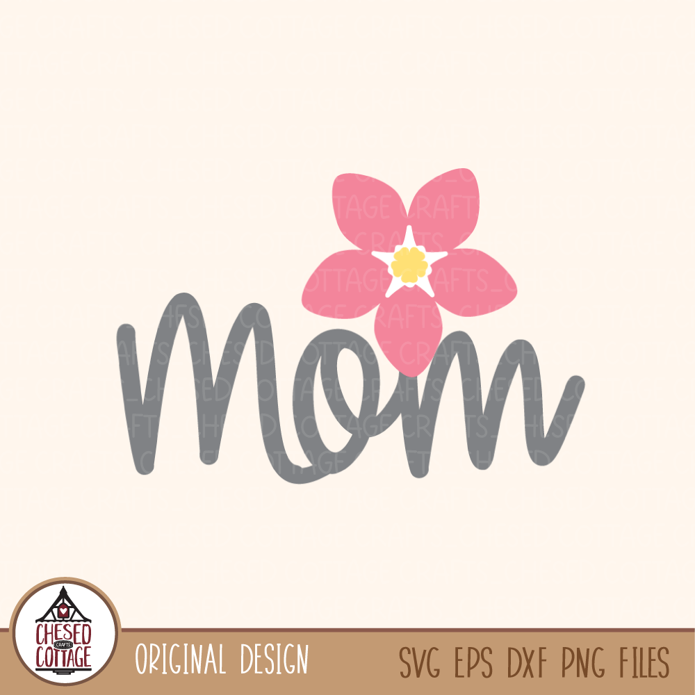 'Mom' Elegant Script with Blooming Pink Flower | Jiffy Designs
