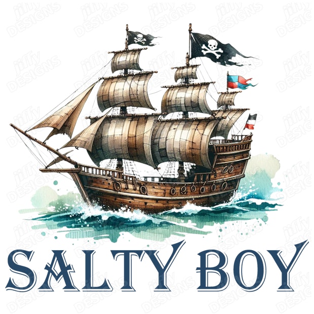'Salty Boy' Vintage Pirate Ship Illustration with Detailed Nautical ...