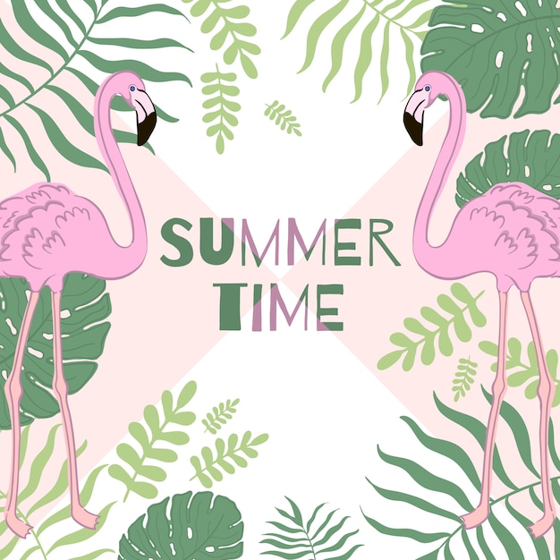 Tropical Summer Flamingos with Lush Greenery Illustration | Jiffy Designs