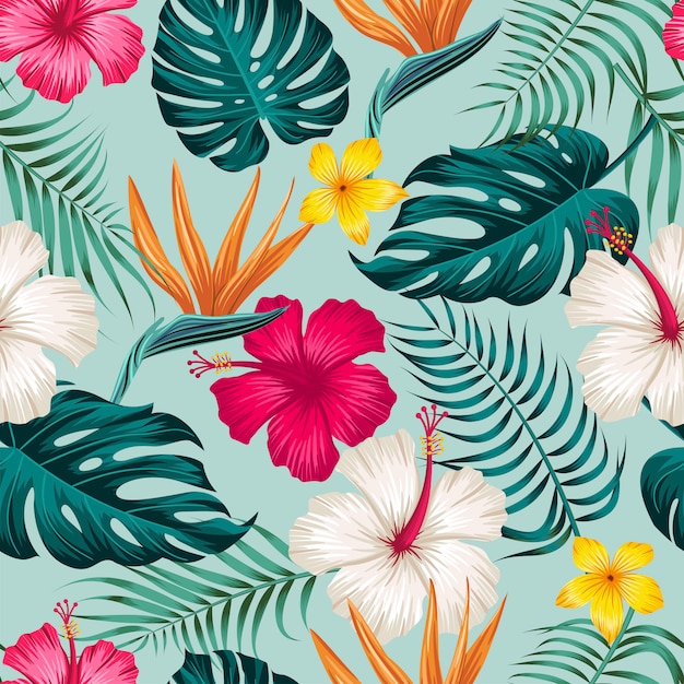 Vibrant Tropical Floral Pattern with Hibiscus and Palm Leaves | Jiffy ...