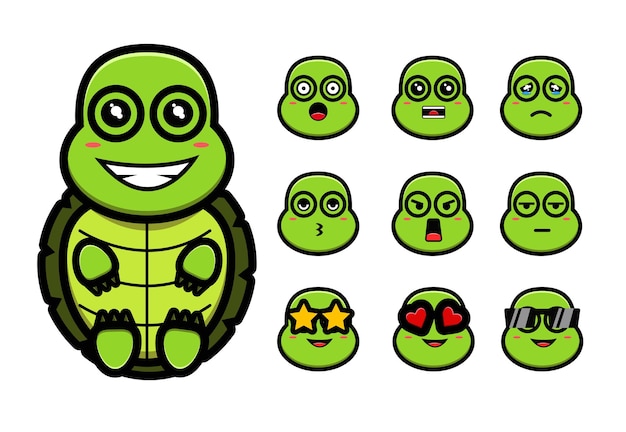 Cheerful Green Turtle with Expressive Emoji Faces | Jiffy Designs
