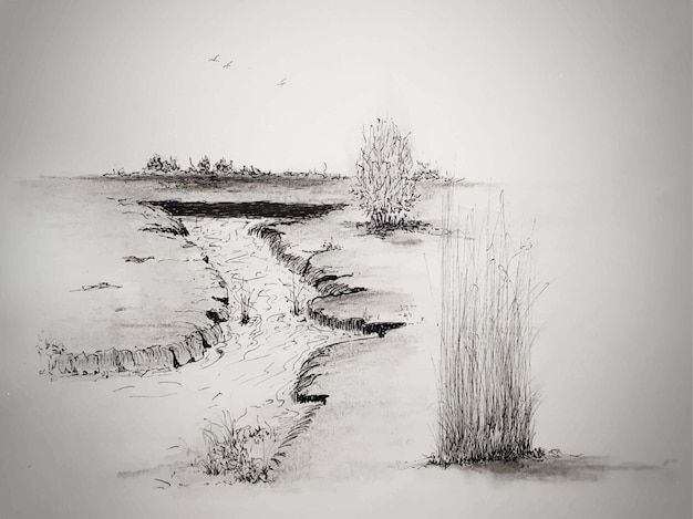 Tranquil Grayscale Landscape Drawing of River and Willow Tree | Jiffy ...