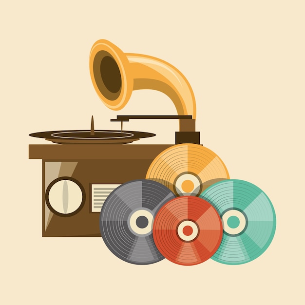 Vintage Gramophone with Colorful Vinyl Records Illustration | Jiffy Designs