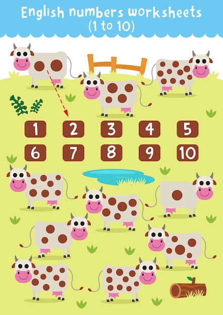 Charming Cow-Themed English Number Worksheet for Kids | Jiffy Designs