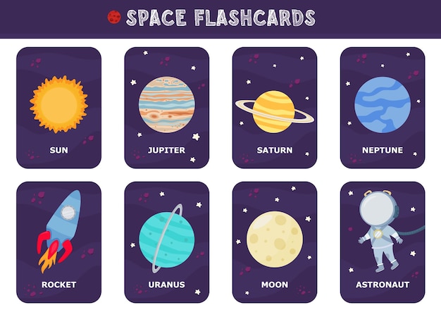 Vibrant Space-Themed Flashcards with Celestial Objects and Astronaut ...