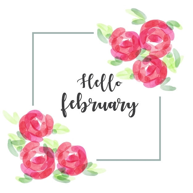 Hello February Floral Frame with Pink Roses Illustration | Jiffy Designs