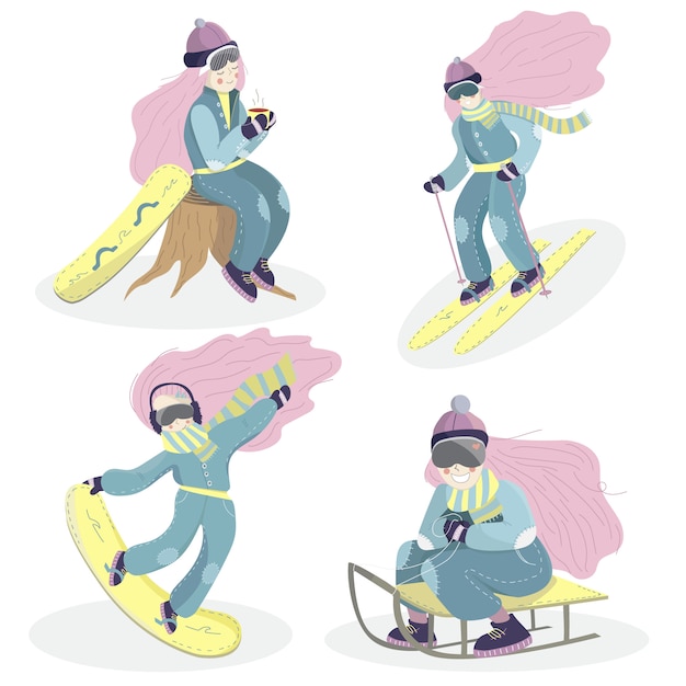Vibrant Winter Sports Collection: Diverse Figures Enjoying Snowy ...