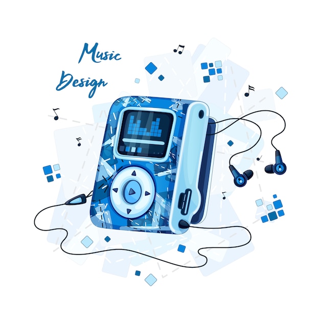 Vibrant Blue Music Player with Earbuds and Playful Graphics | Jiffy Designs