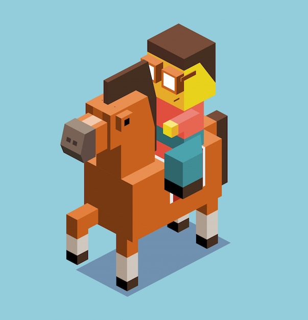Isometric Brown Horse Pixel Art with Rider Illustration | Jiffy Designs