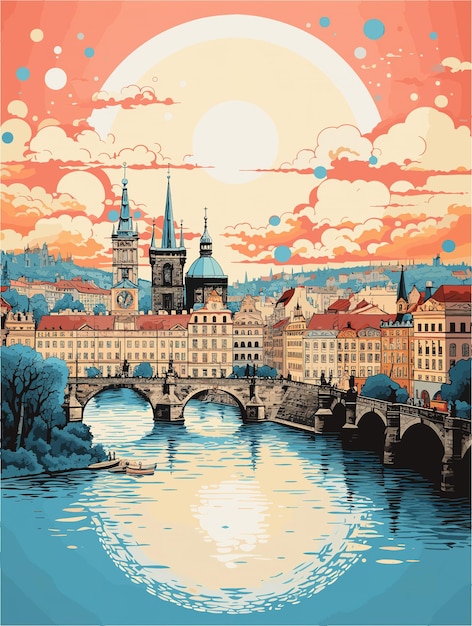 Vibrant Cityscape of Prague with Iconic Bridges and Spires | Jiffy Designs