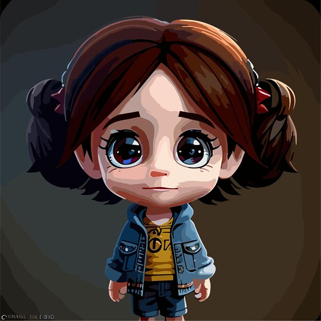 Charming Chibi Girl in Denim Jacket with Pigtails | Jiffy Designs