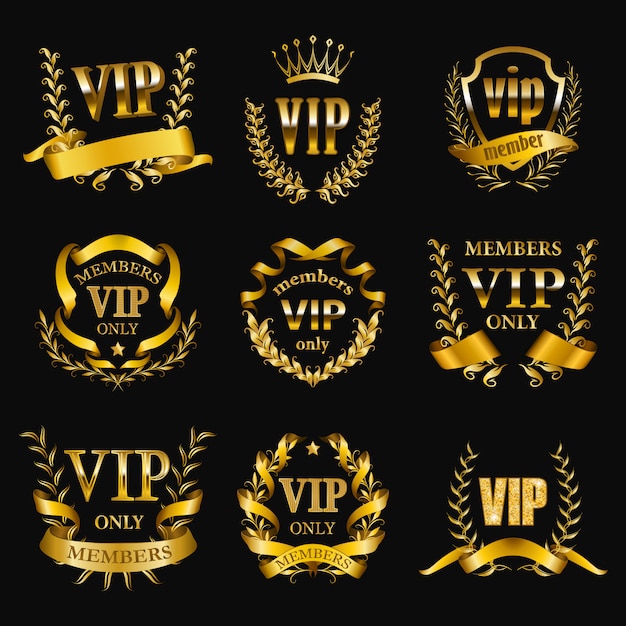 Elegant Golden VIP Badges with Laurel Wreaths and Crowns | Jiffy Designs