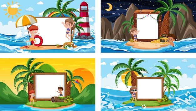 Vibrant Beach Scenes with Playful Characters and Tropical Backdrops ...