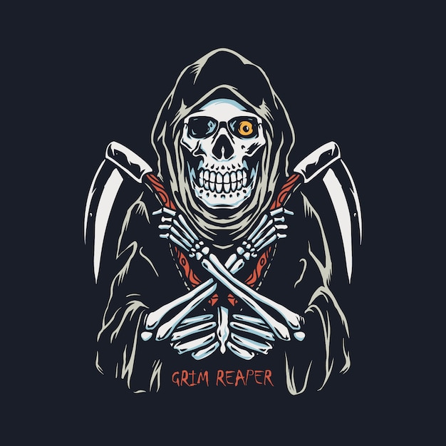 Grim Reaper with Scythes and Glowing Eyes on Dark Background | Jiffy ...